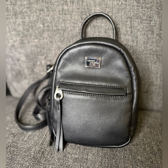 Bags | David Jones Mini Backpack Faux Leather Black Gold Zip Travel Bag ...